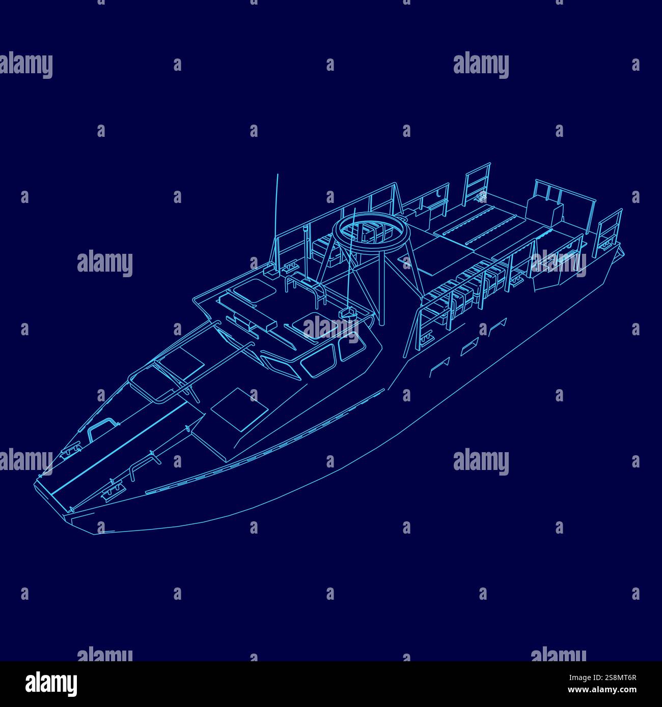 Blue boat is shown in a blue drawing. The boat is a small boat with a ...