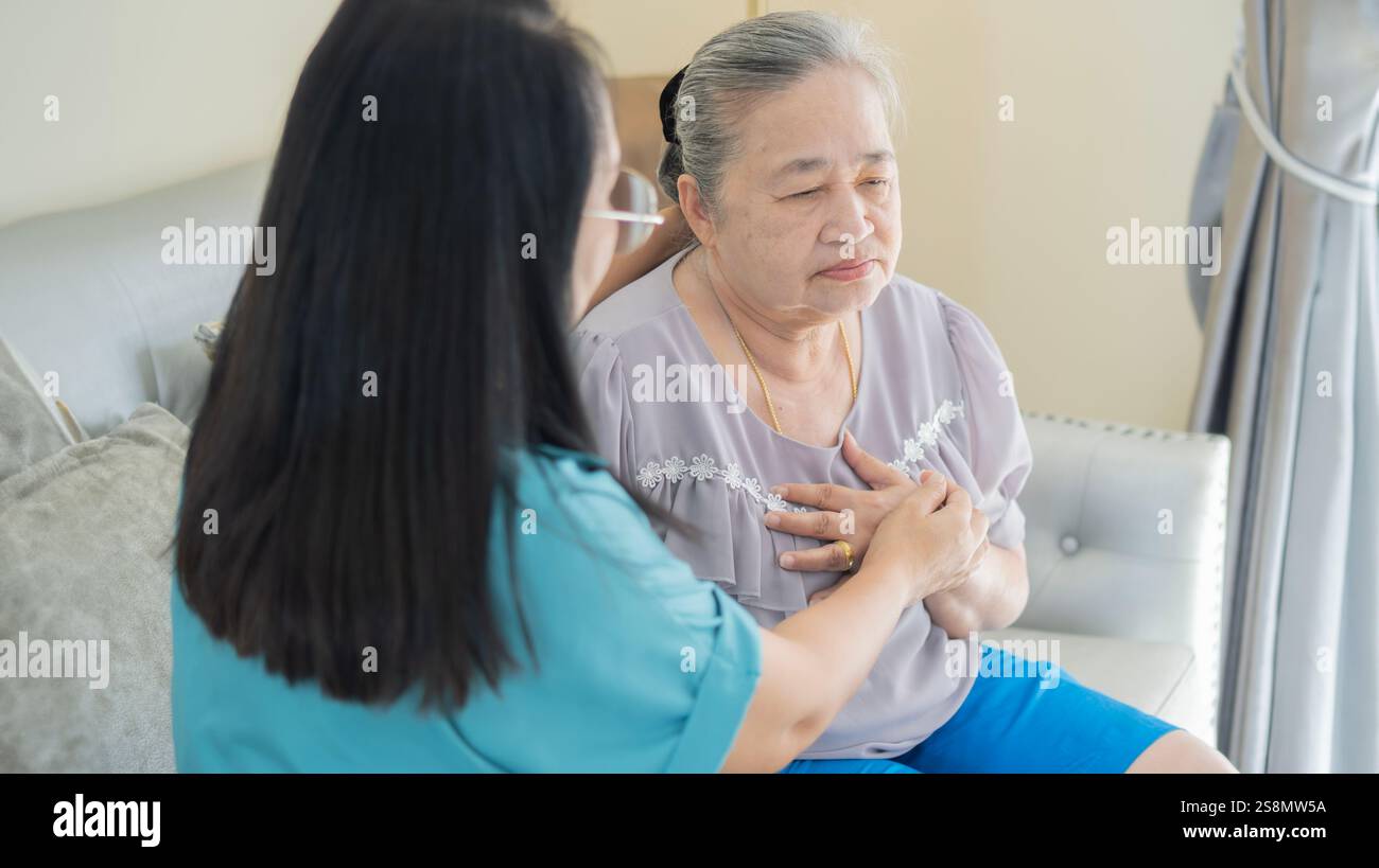 Breathing problem. Sick older woman with chest pain touching ...