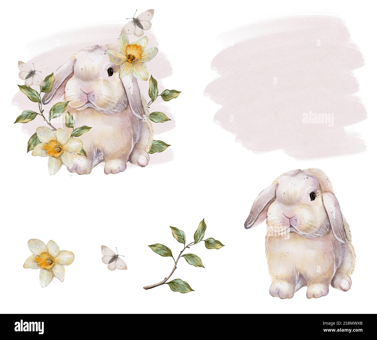 A watercolor illustration of a cute bunny with long ears, surrounded by ...