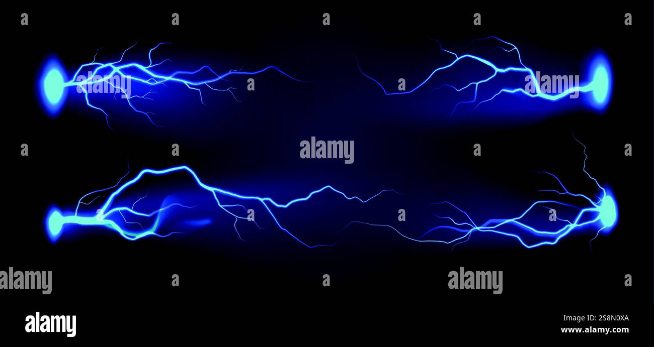 Realistic blue lightning. Thunder storm flash horizontal lightnings ...