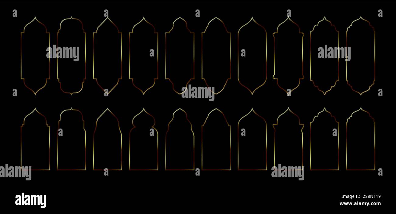Gold Islamic windows. Arabic golden arch, Ramadan Kareem frames. Eid ...