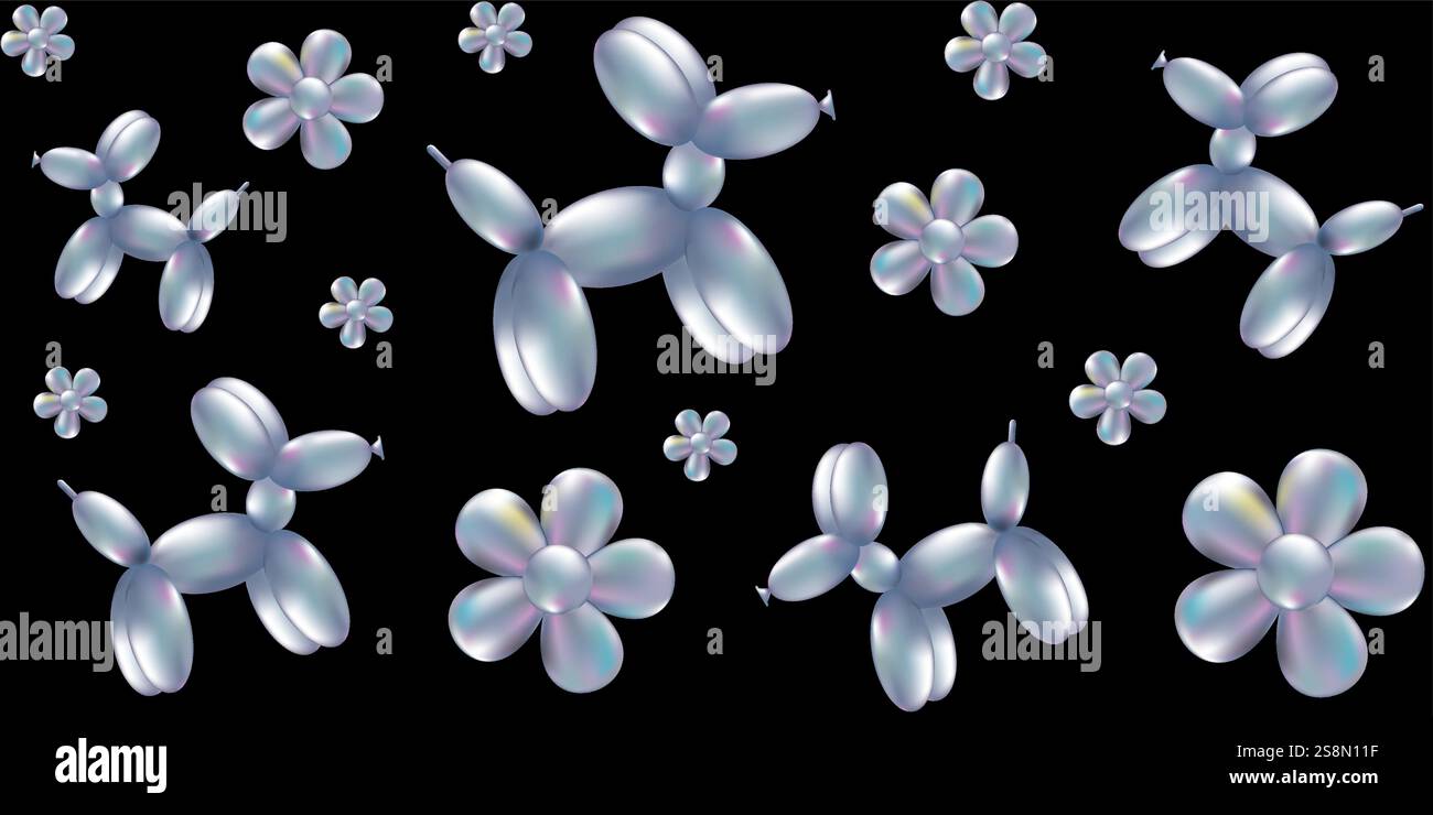 3d Chrome Balloon Dog and Daisy seamless pattern. Holographic Helium ...