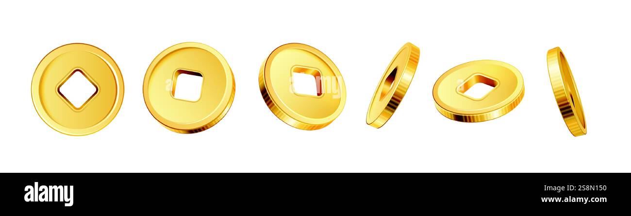 Chinese coin. 3D golden or bronze vintage coins with square hole in different positions, Chinese ...