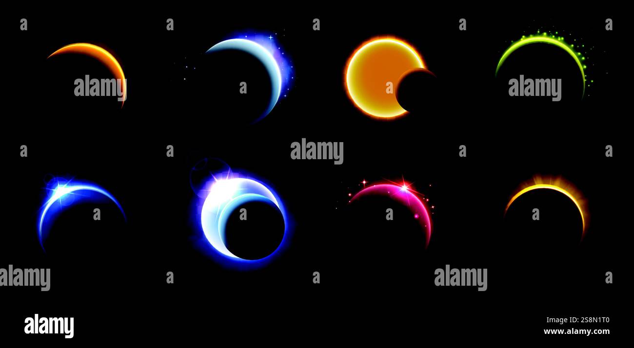 Solar eclipse. Light circles with planet edge, moon neon flare, space ...