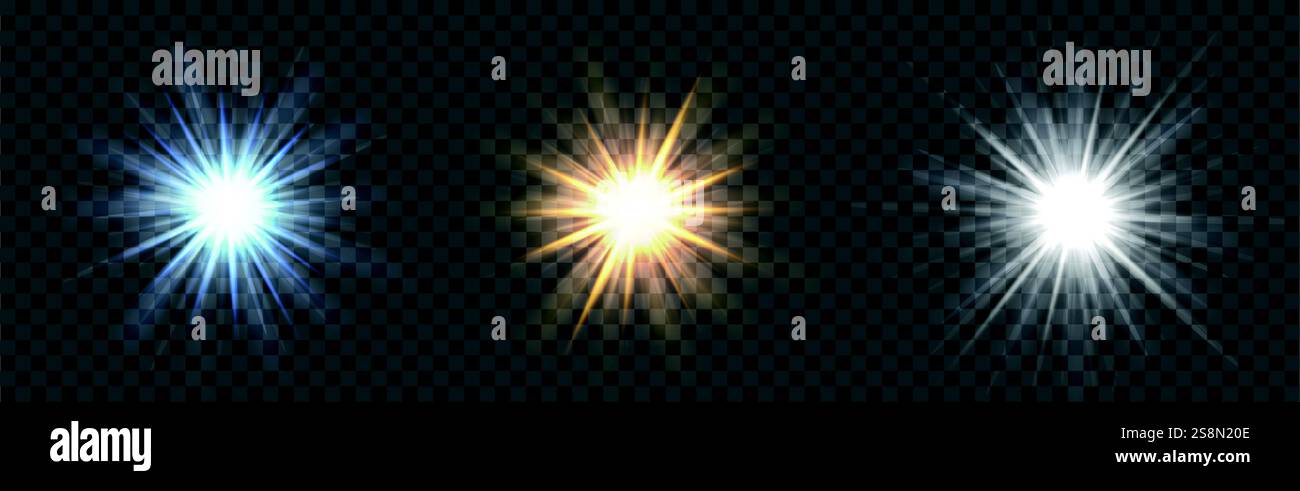Realistic starburst. Sun rays yellow, blue and white star glow ...