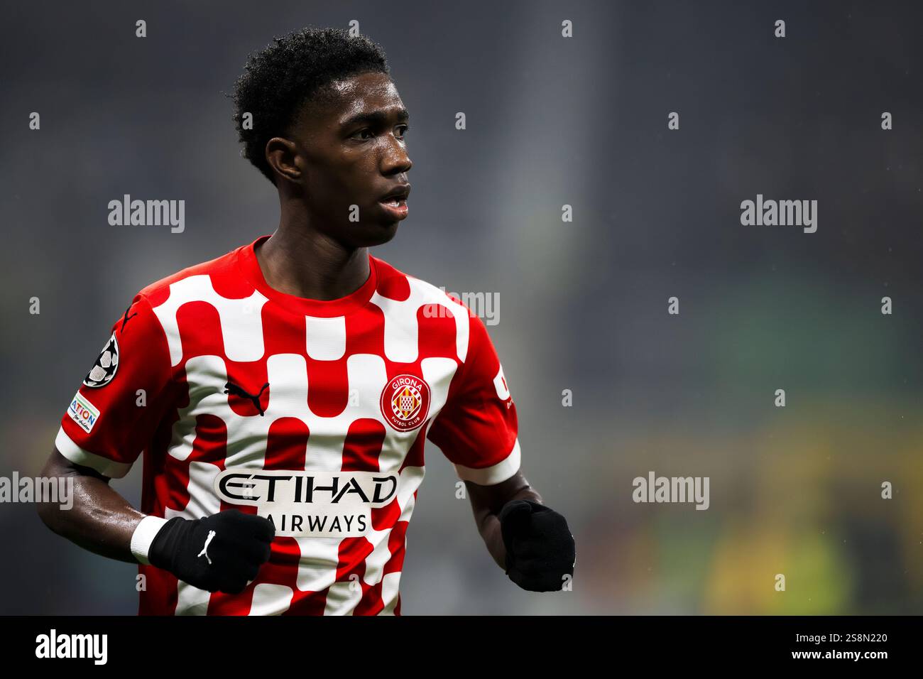 Milan, Italy. 22 January 2025. Yaser Asprilla of Girona FC looks on during the UEFA Champions ...