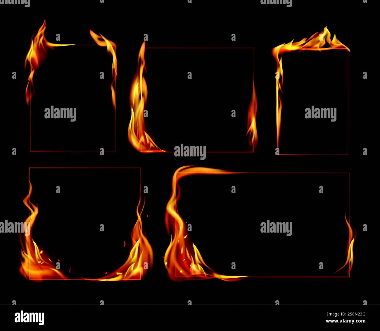 Realistic fire frame. Flame borders with sparkles, burning fiery square ...