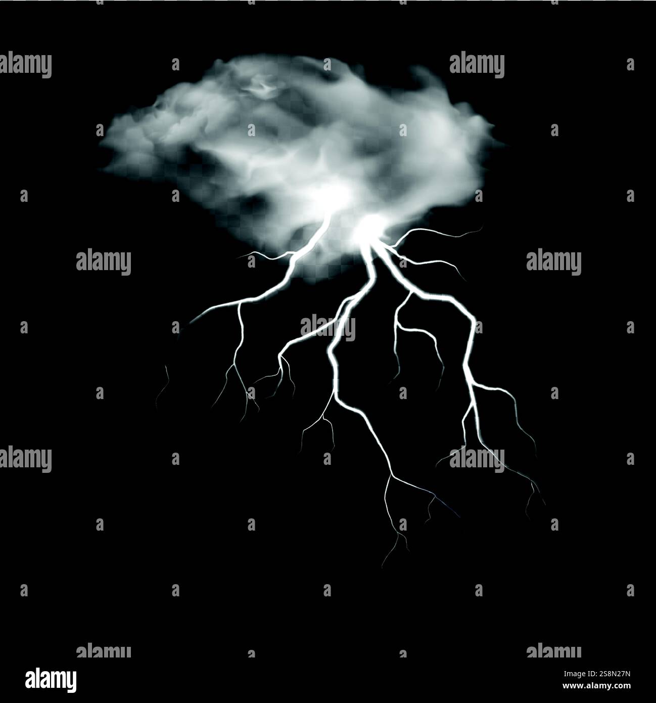 Realistic lightning cloud. White cloud and lightning bolt isolated on ...