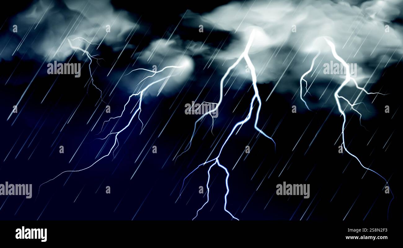 Realistic rain with lightning. Thunderclouds and lightnings on dark sky ...