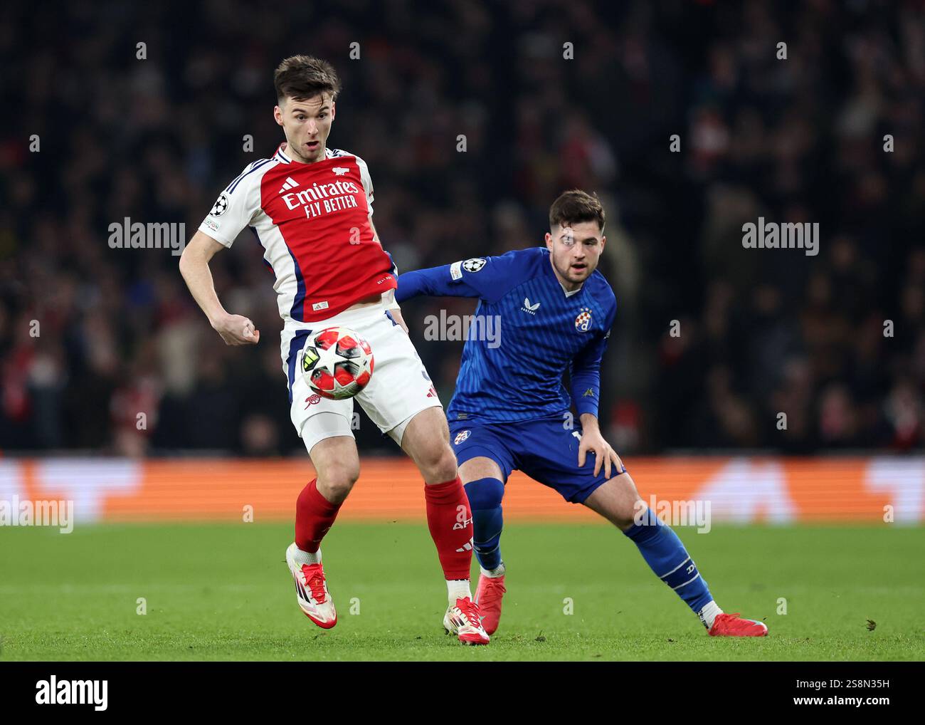 London, UK. 22nd Jan, 2025. Arsenal's Kieran Tierney wiht Dinamo's ...