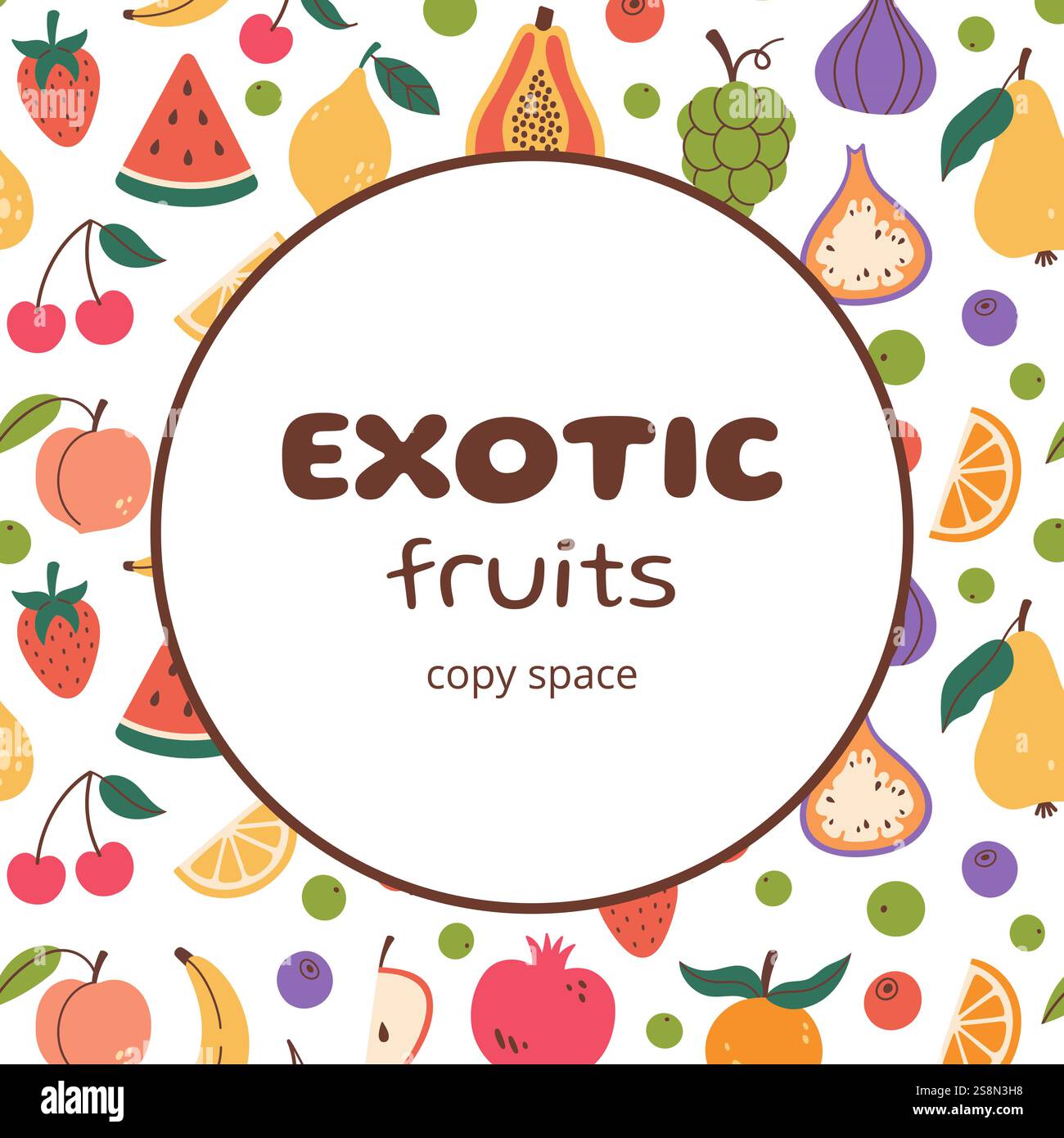 Exotic fruits round frame in doodle style. Circular copy space with ...