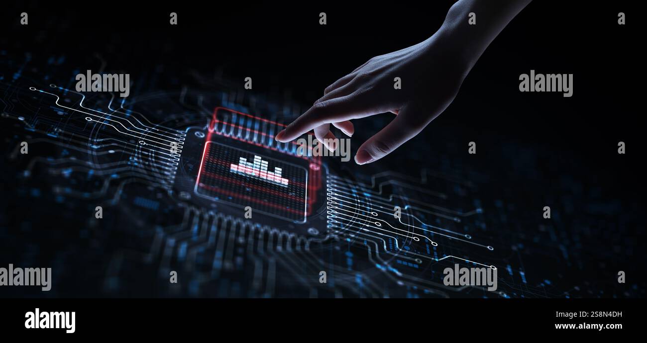 Analysis Systematic Data Evaluation Illustrated On A Processor Touched By A Human Hand Stock