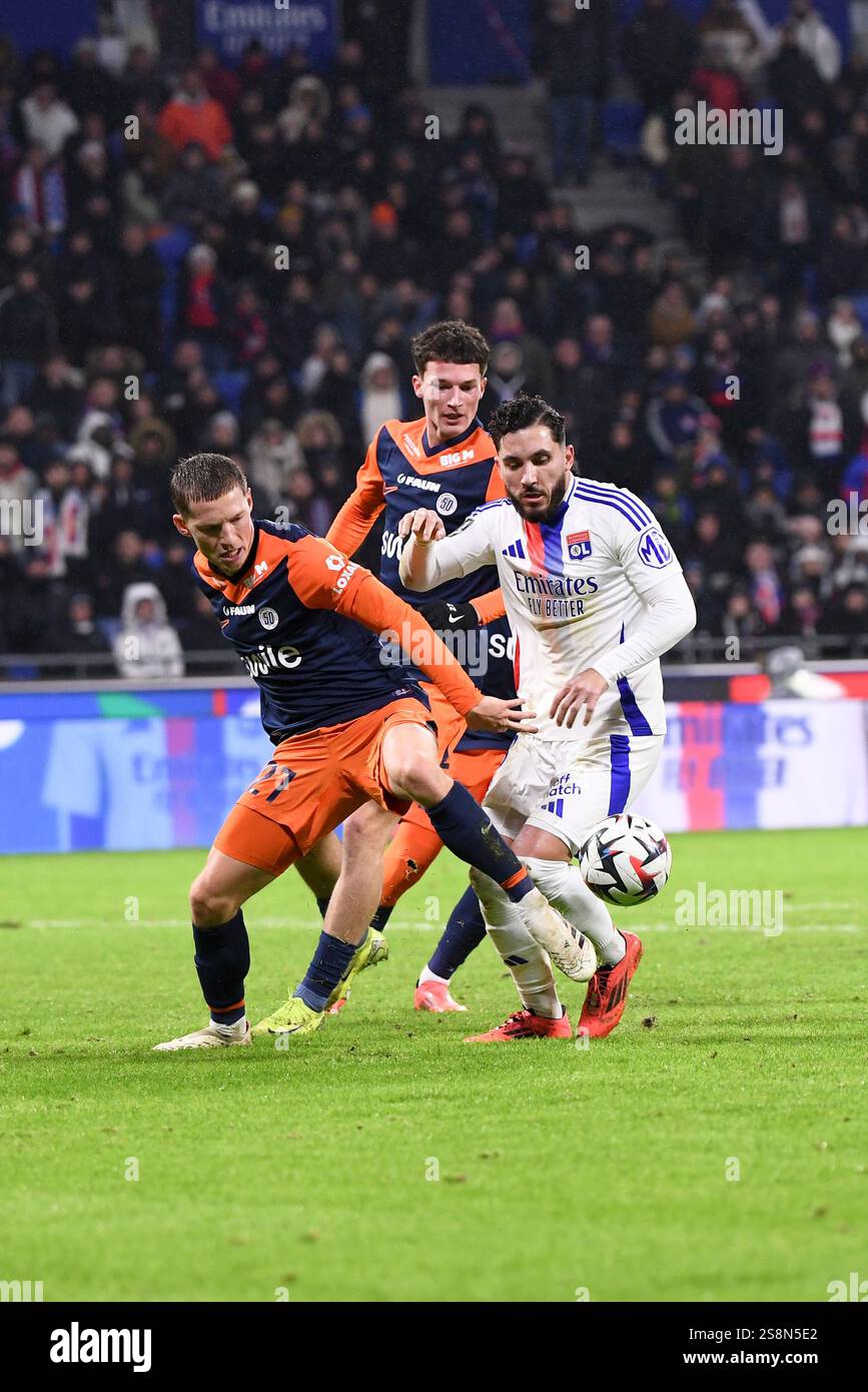 27 Becir OMERAGIC (mhsc) - 18 Rayan CHERKI (ol) - 45 Stefan DZODIC (mhsc) during the Ligue 1 ...