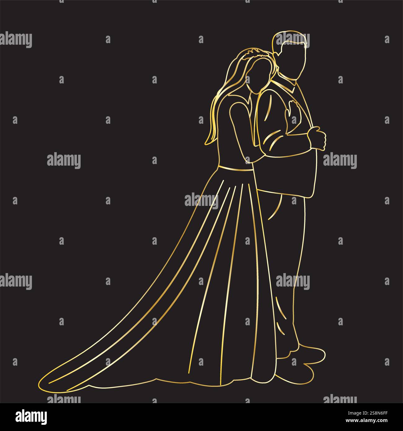 wedding bride and groom golden outline drawing by continuous line ...