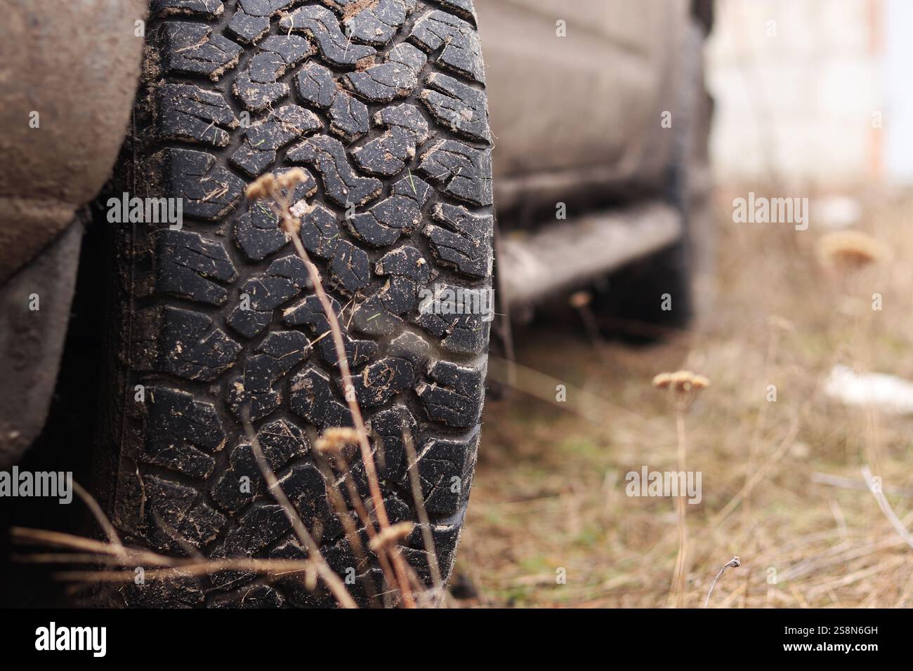 Pickup truck in mud, off-road tires, close-up. Car wheel on dirt road ...