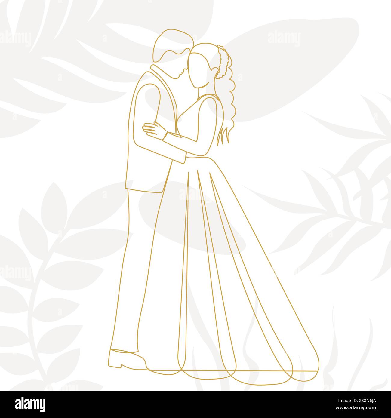 bride and groom gold sketch, doodle ,contour line on abstract ...