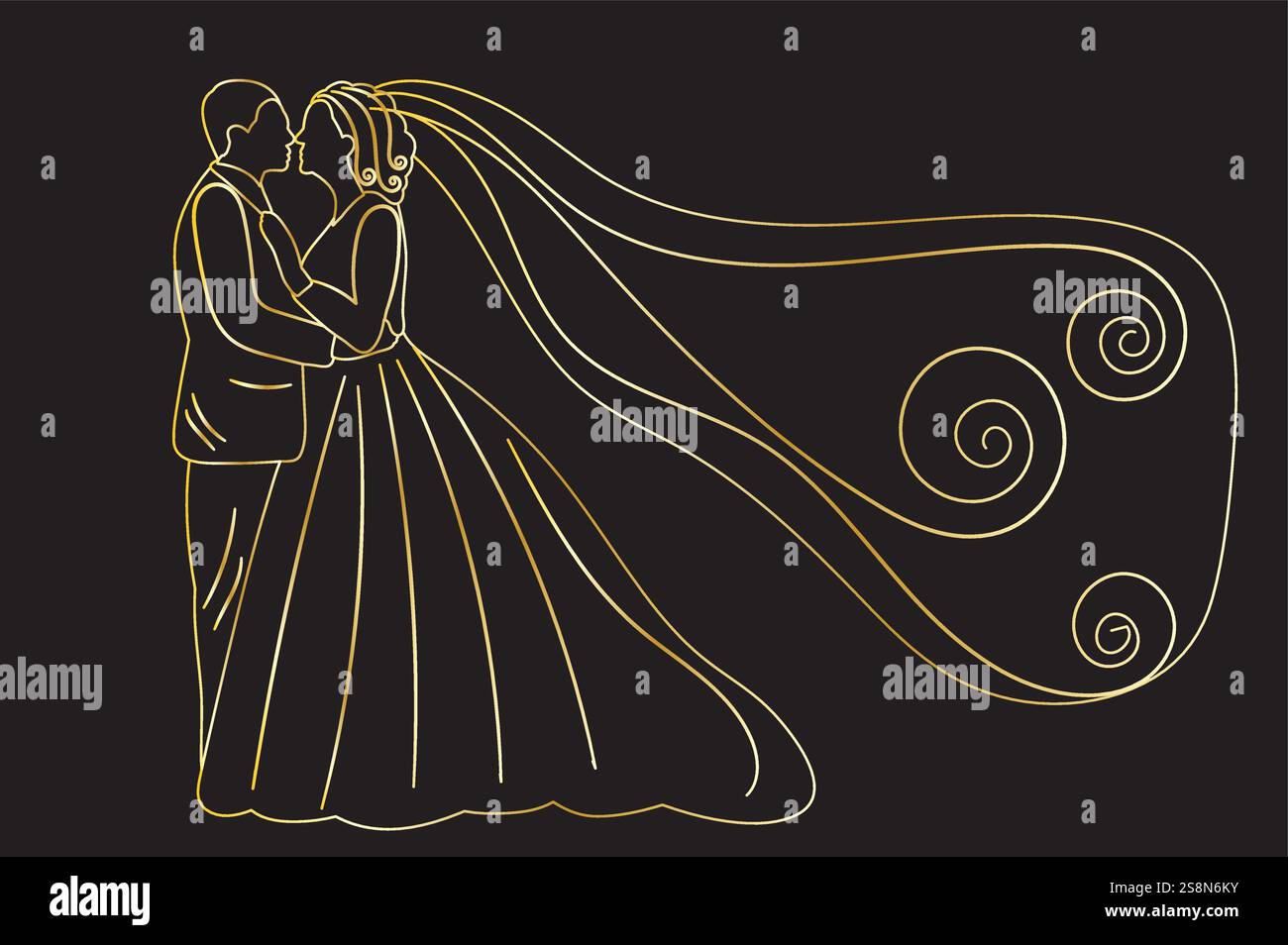 wedding bride and groom golden outline drawing by continuous line ...