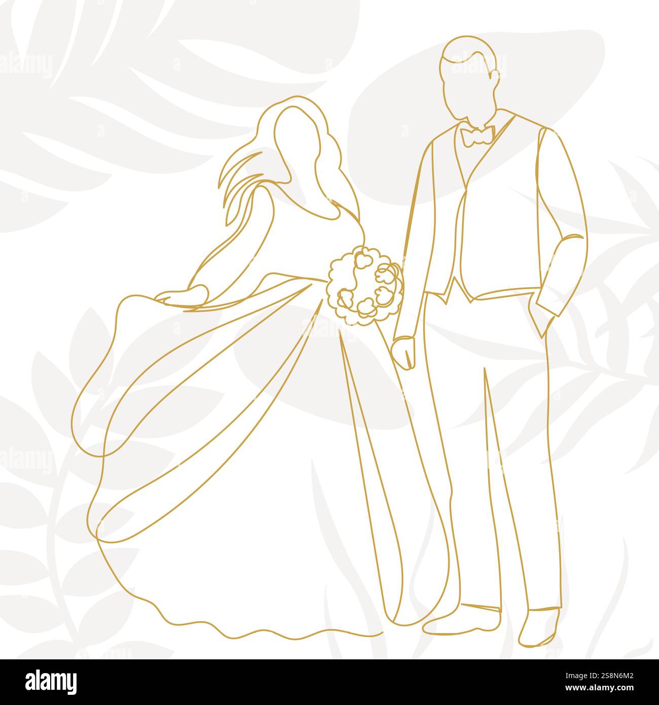 bride and groom drawing by continuous line, on abstract background ...