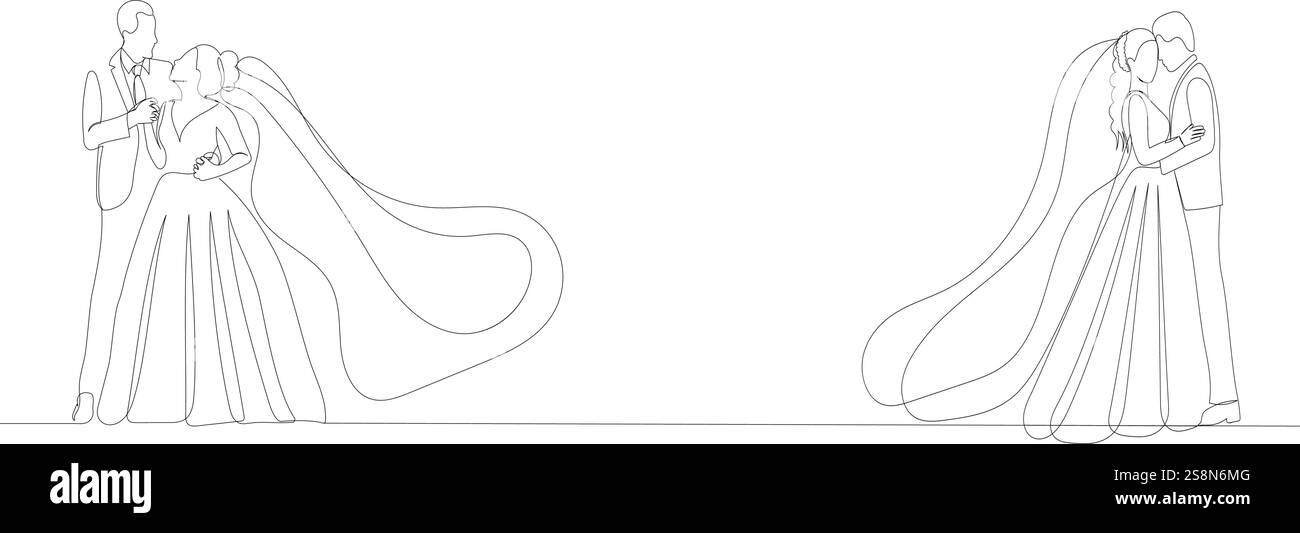 wedding bride and groom continuous line drawing, vector, sketch Stock ...