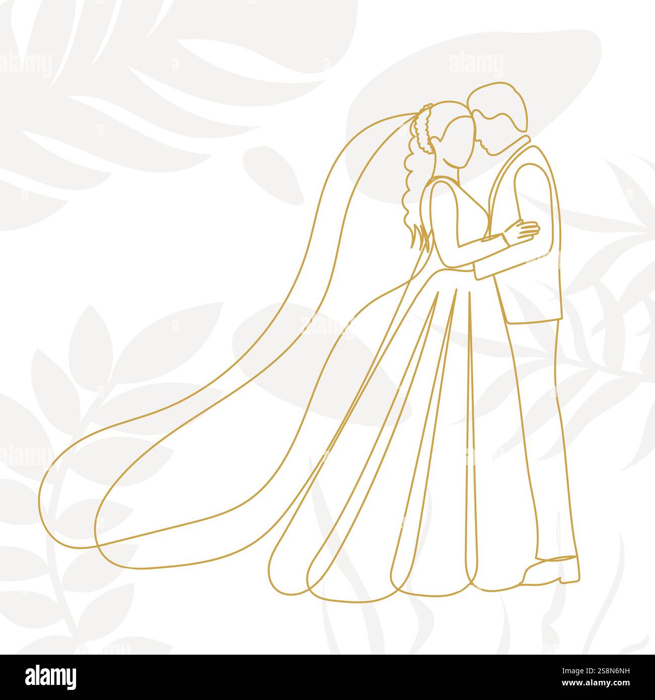 bride and groom drawing by continuous line, on abstract background ...
