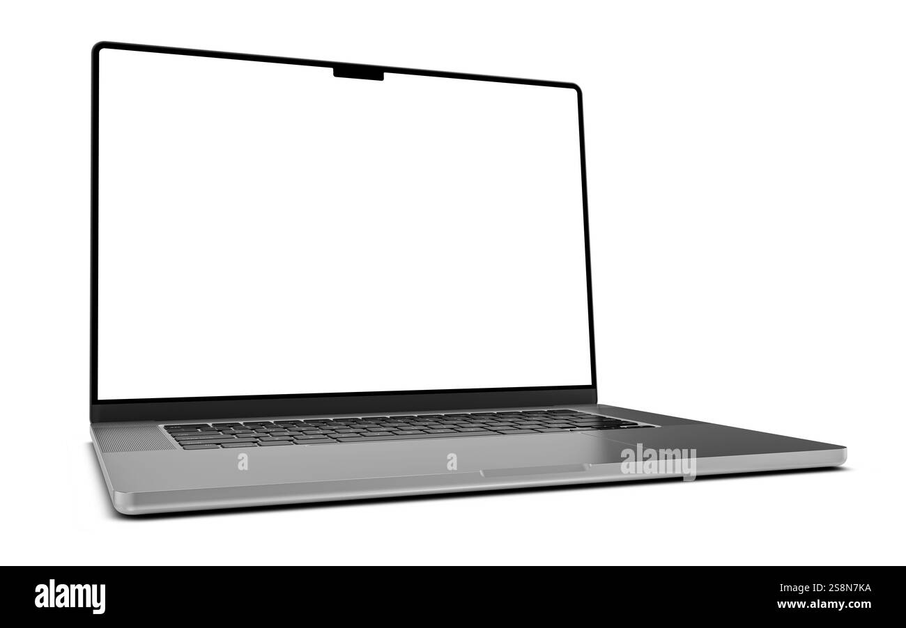 Laptop with an empty blank screen, displayed in various perspectives ...