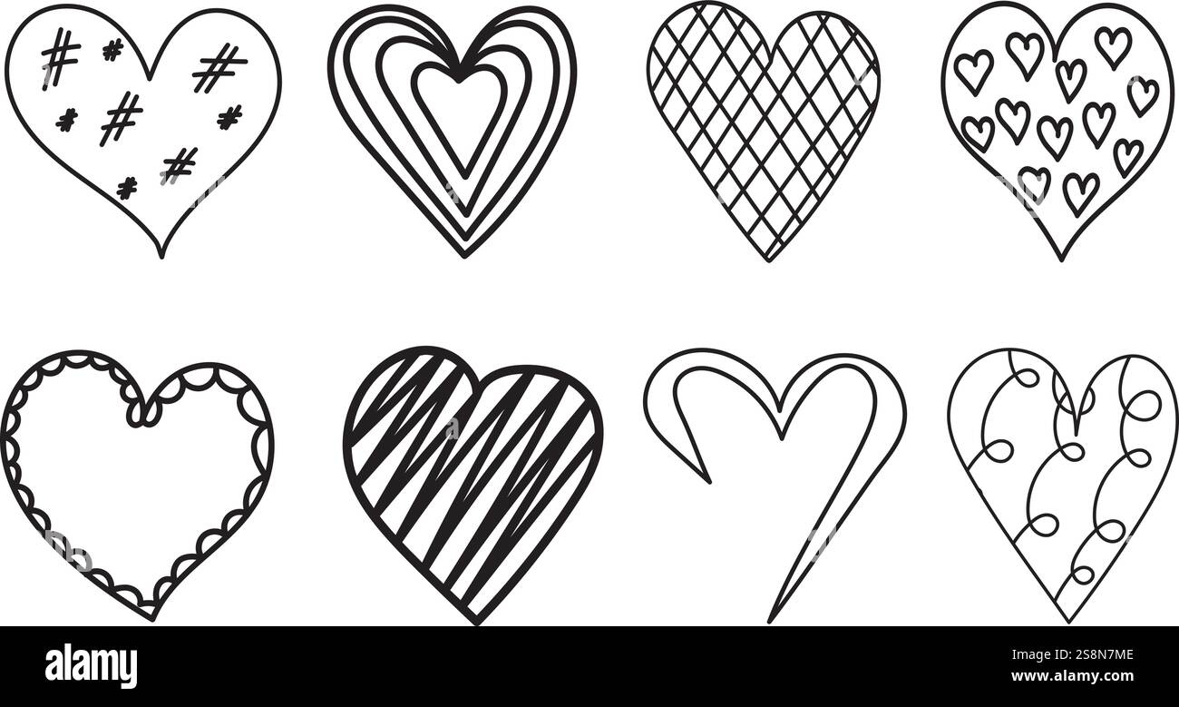 set of hearts sketch, doodle ,contour line isolated vector Stock Vector ...