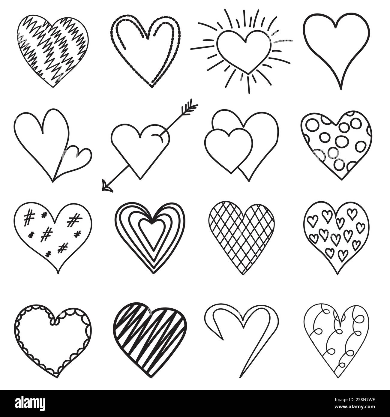 sketch, doodle ,contour line set of hearts isolated Stock Vector Image ...