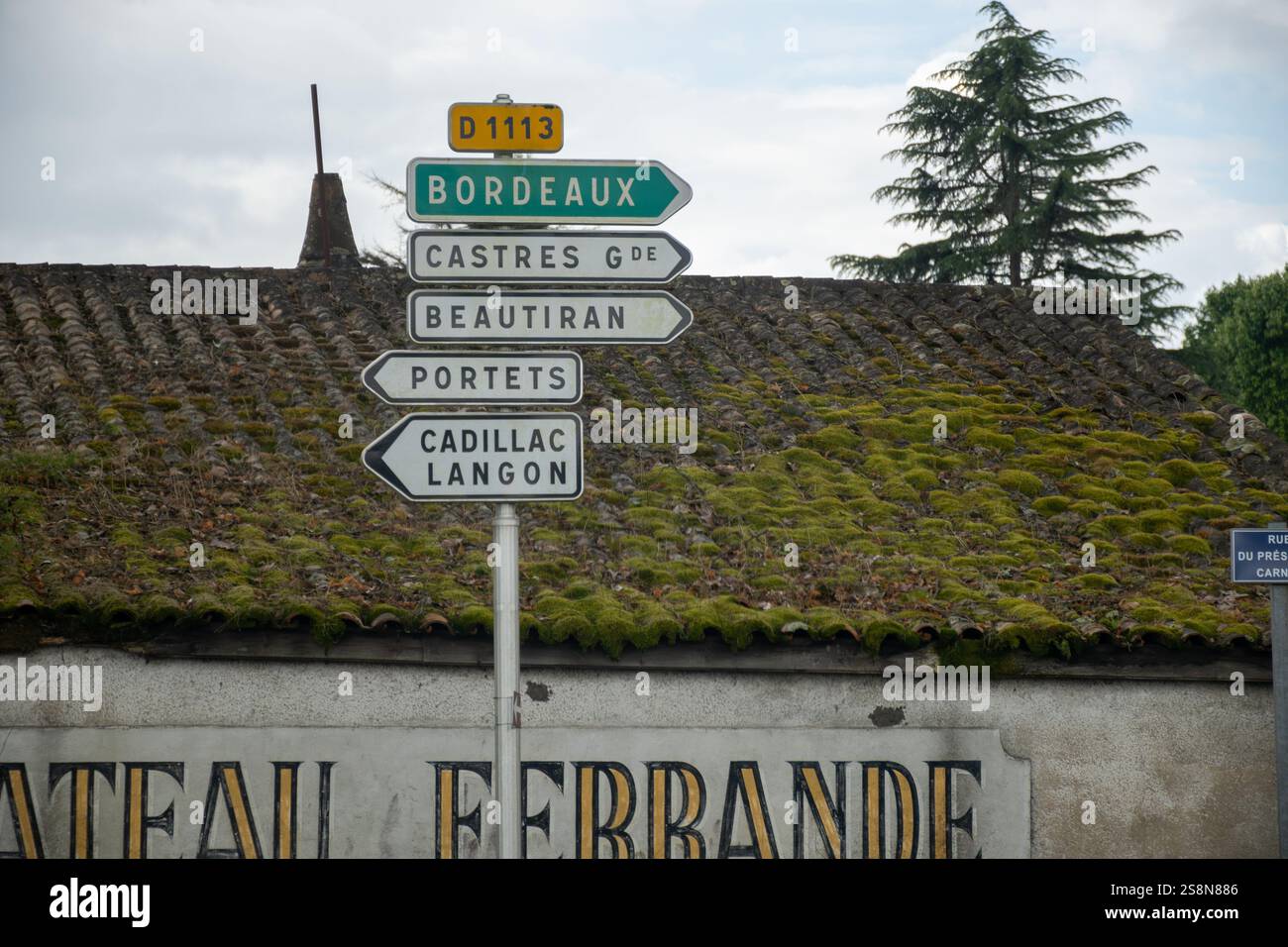 Road signs and directions, driving car in summer on French road ...