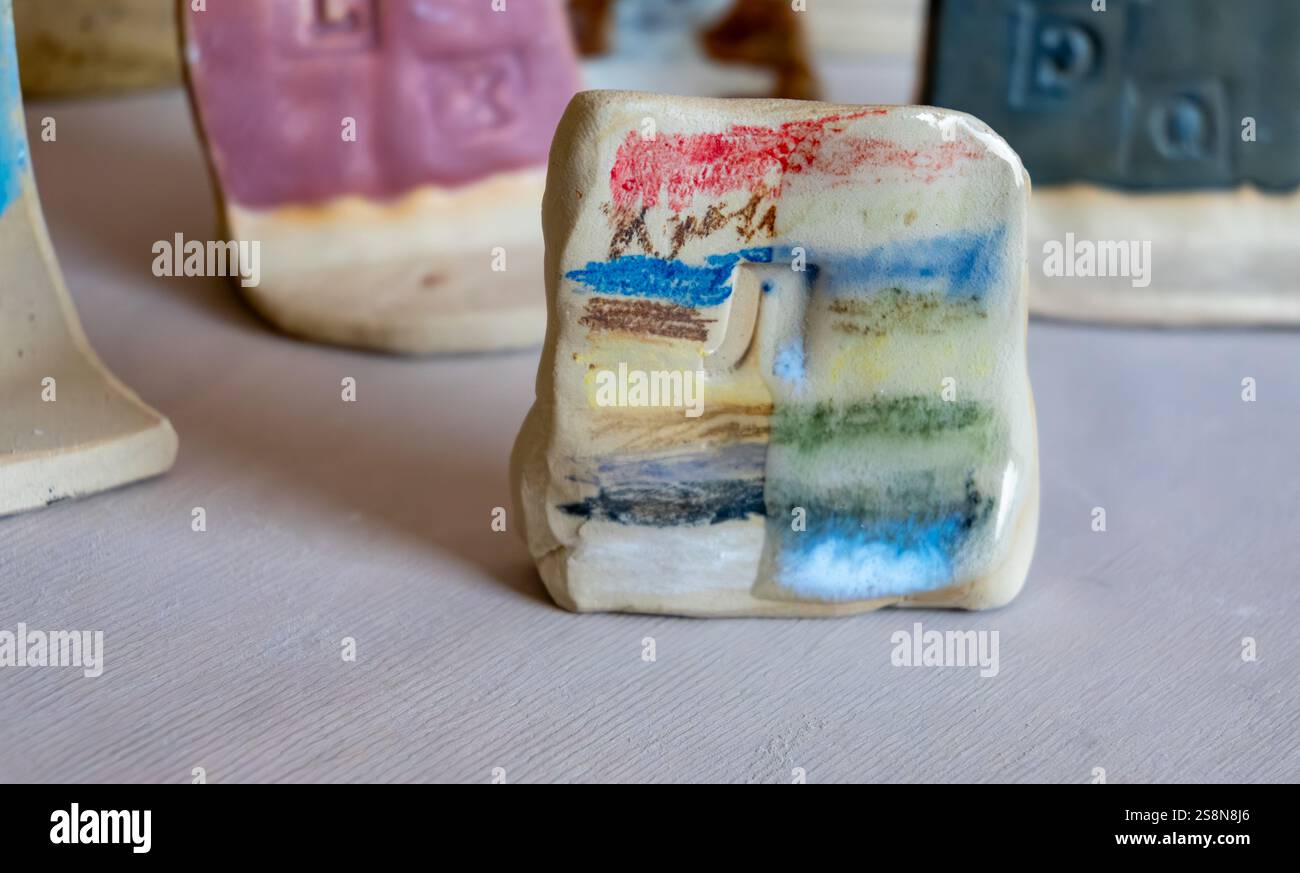 Samples of ceramic art objects and tabelware made on workshop in art ...