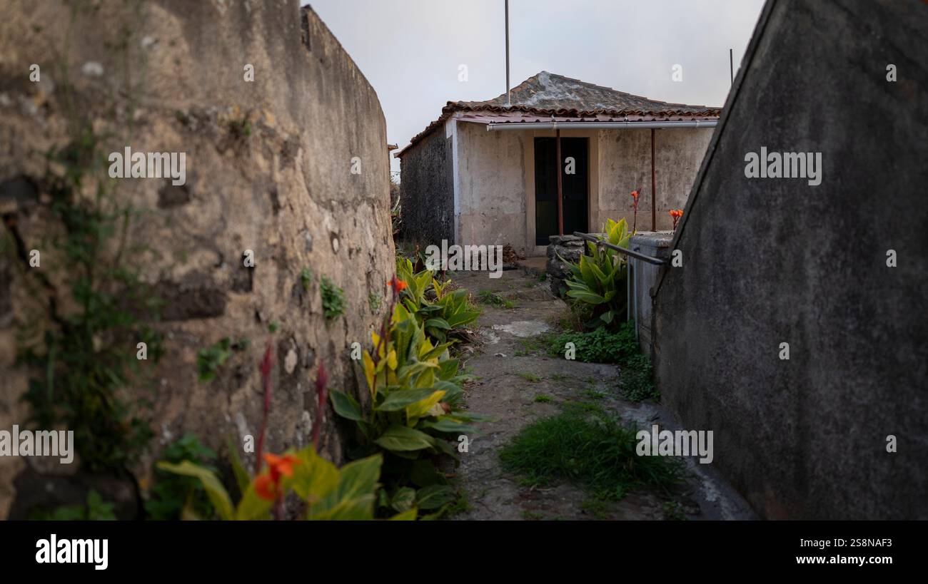 A narrow alleyway leading to an old rural house with a weathered facade ...
