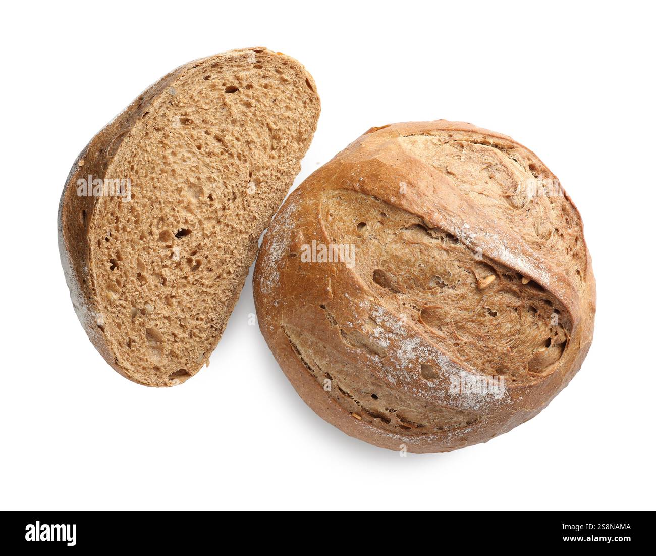 Whole and half of freshly baked bread isolated on white, top view Stock ...