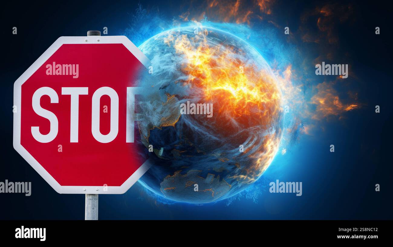 Zerstörter Planet Erde Vor einem glühenden und zerstörten Planet Erde ...