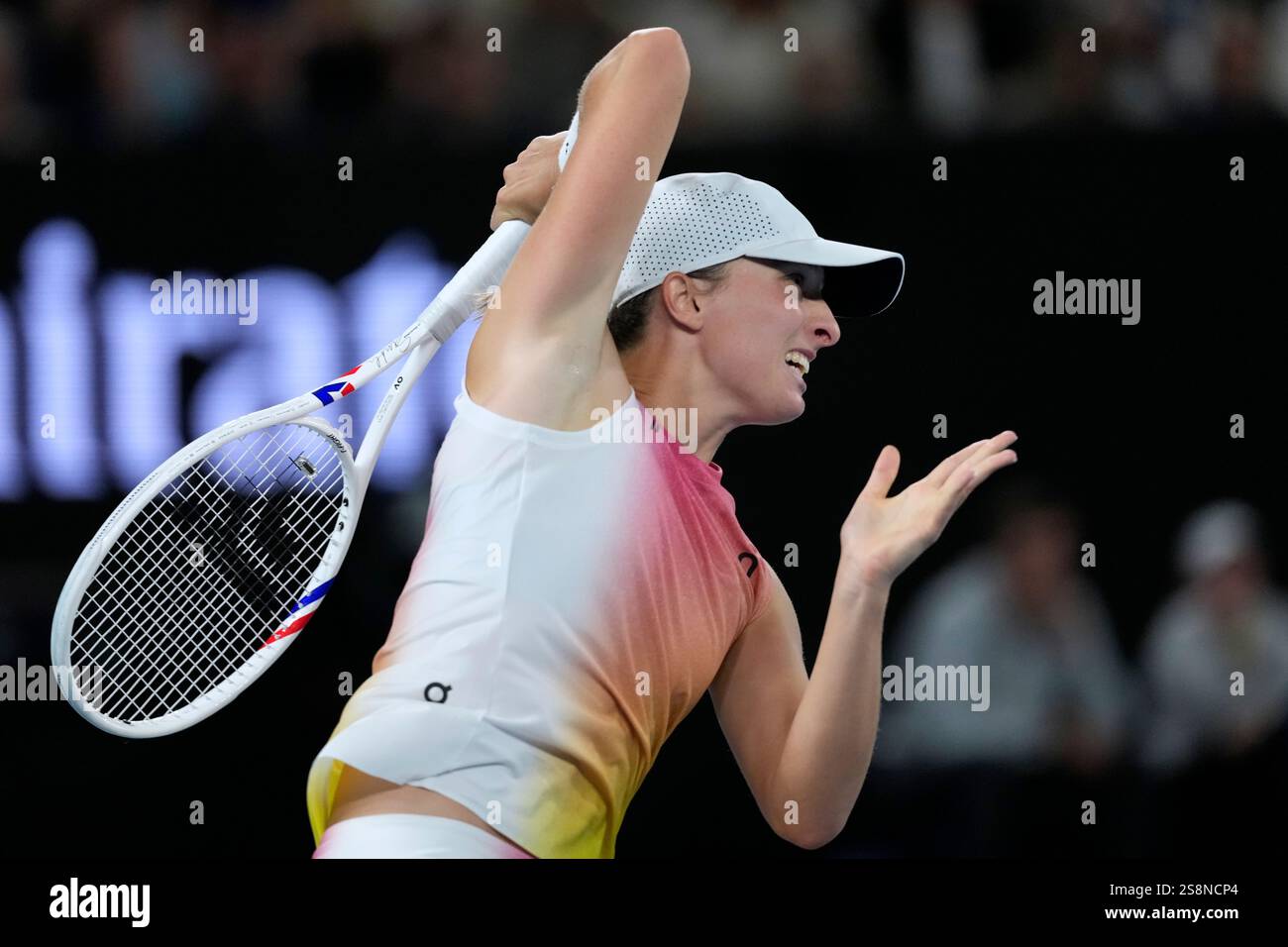 Iga Swiatek of Poland plays a forehand return to Madison Keys of the U ...