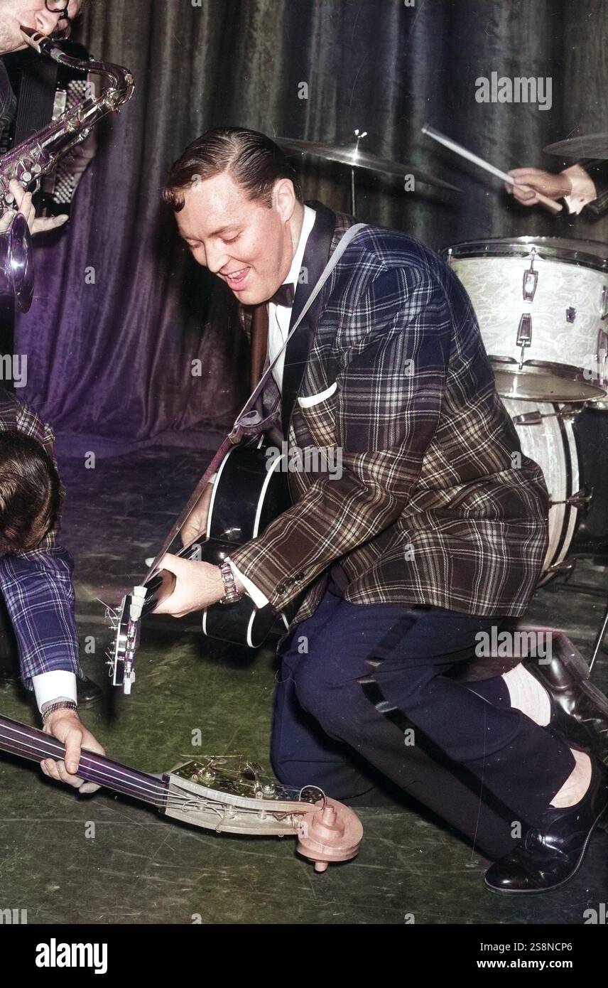 Bill Haley and the Comets rehearsing on stage at the Hammersmith Palais in London Feb 1957 Stock ...