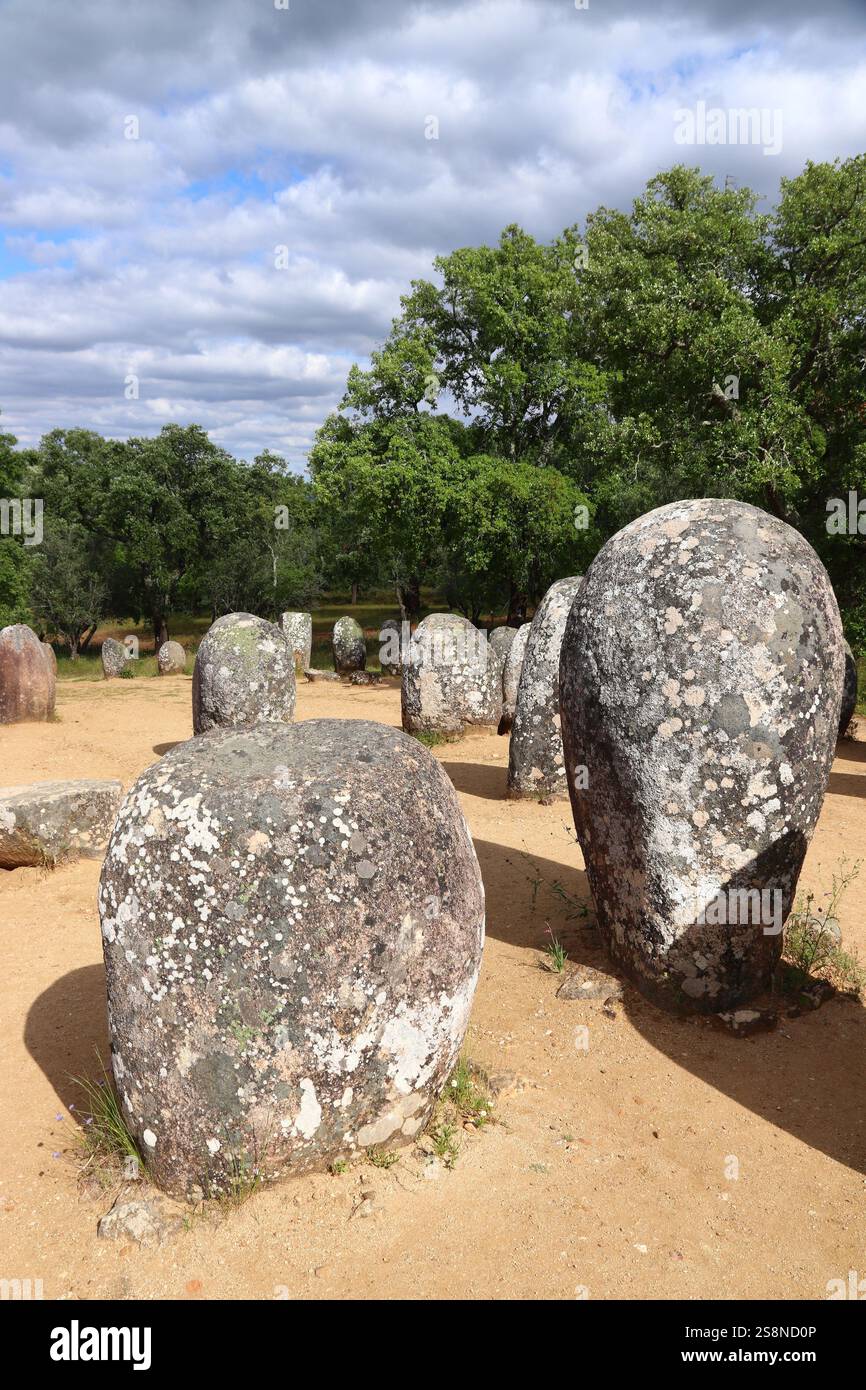 Almendres Cromlech megalith stones in Portugal. Stone circle of ...