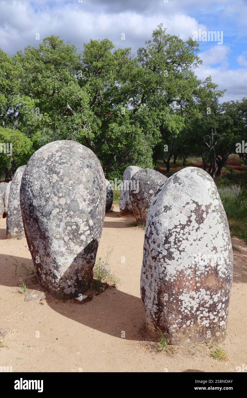Almendres Cromlech megalith stones in Portugal. Stone circle of ...