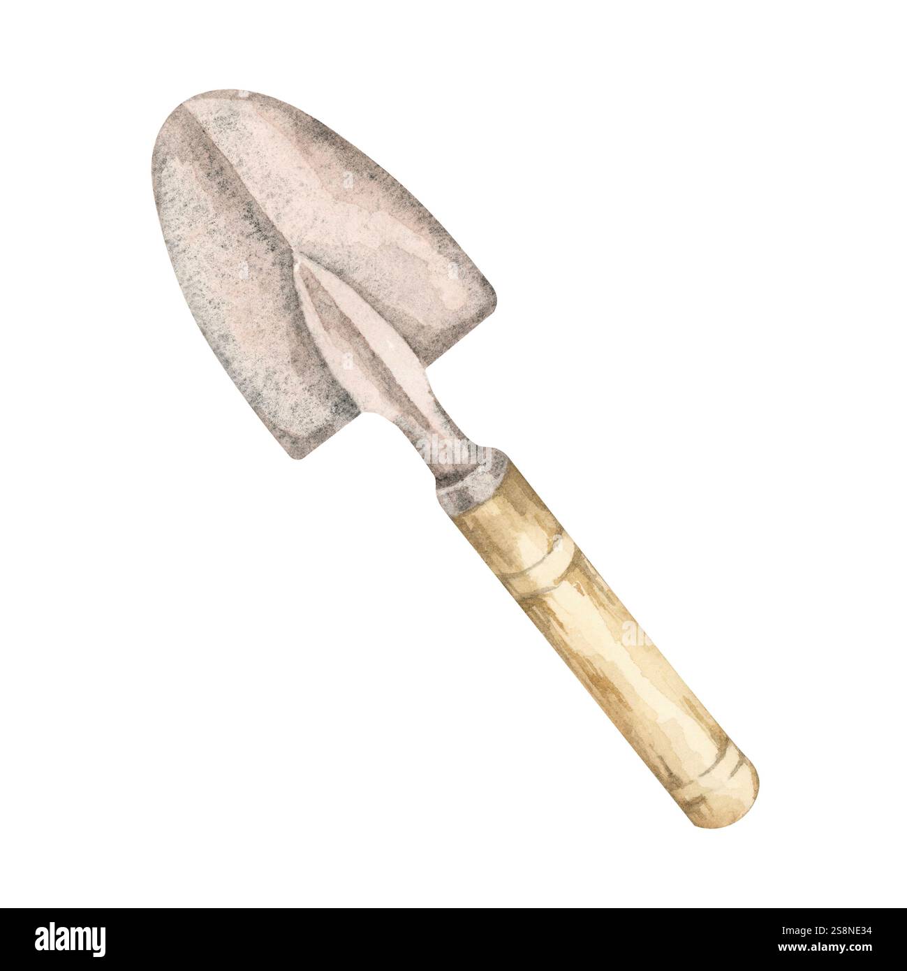 A classic garden spade with a wooden handle is depicted in this ...