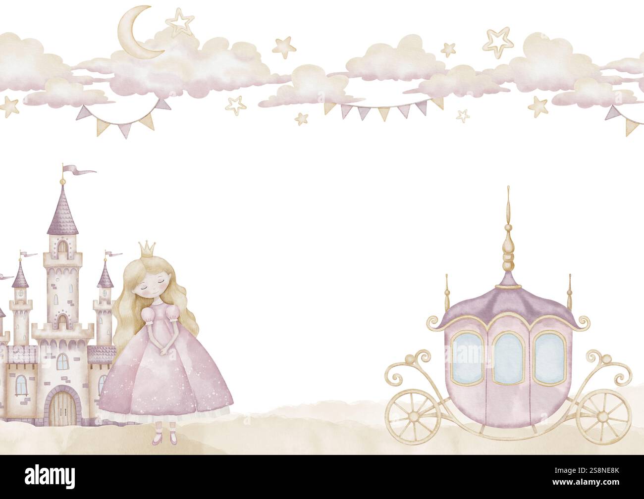 Watercolor template with whimsical Princess Castle, Unicorn and ...