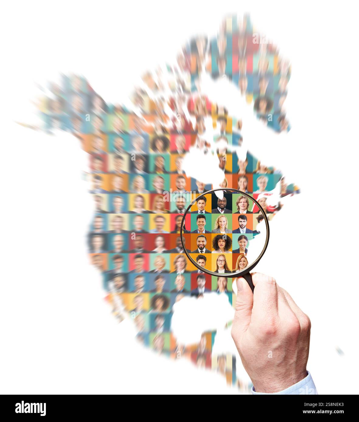 Hand with magnifying glass searches for suitable applications among ...