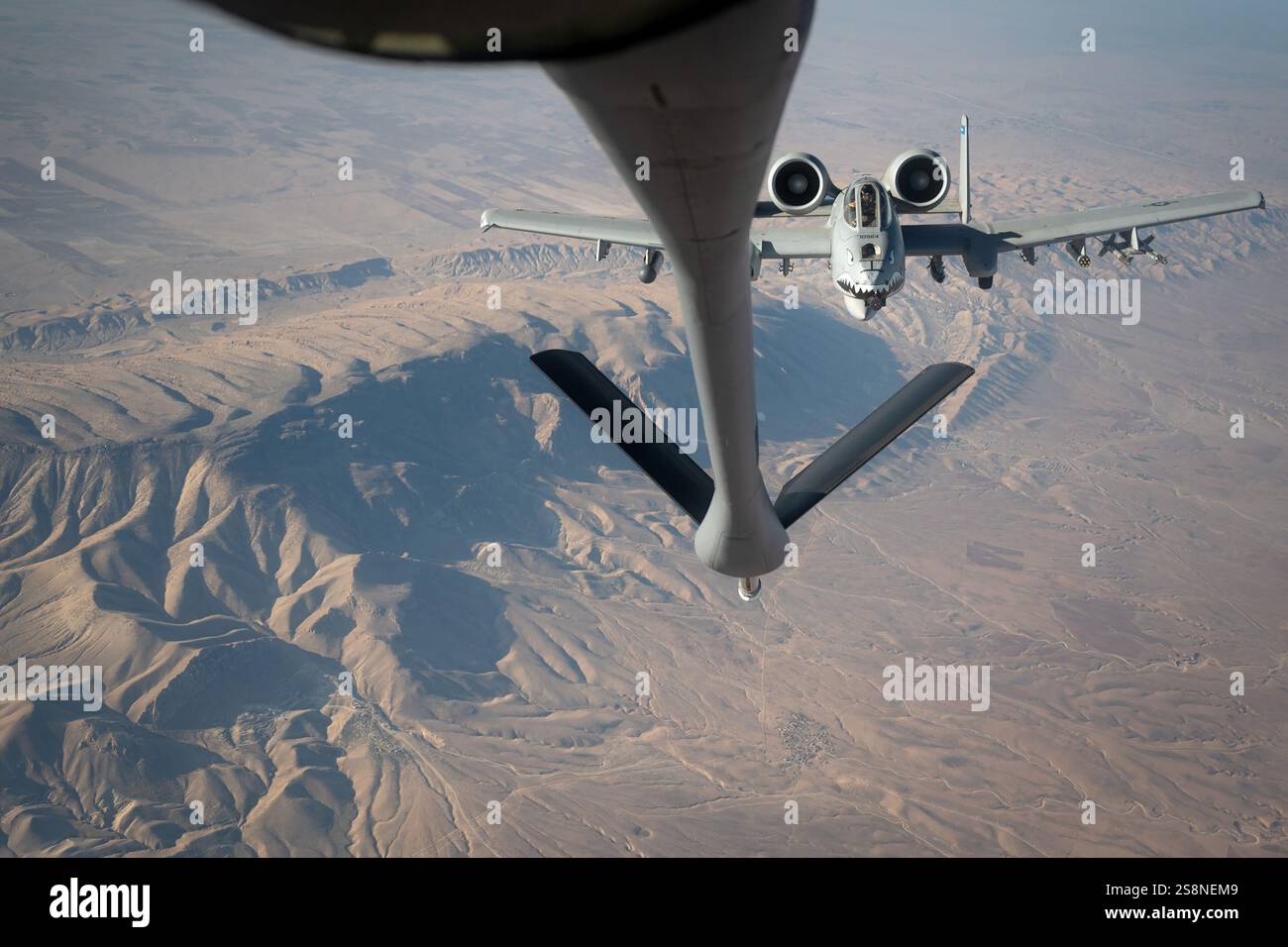 A U.S. Air Force A-10 Thunderbolt II prepares to be refueled from a KC-135 Stratotanker during a ...