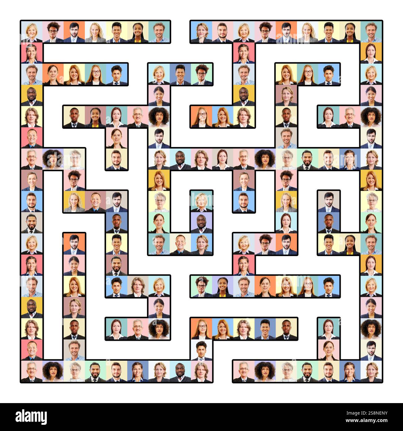 Labyrinth of portraits of diverse business people on colorful ...