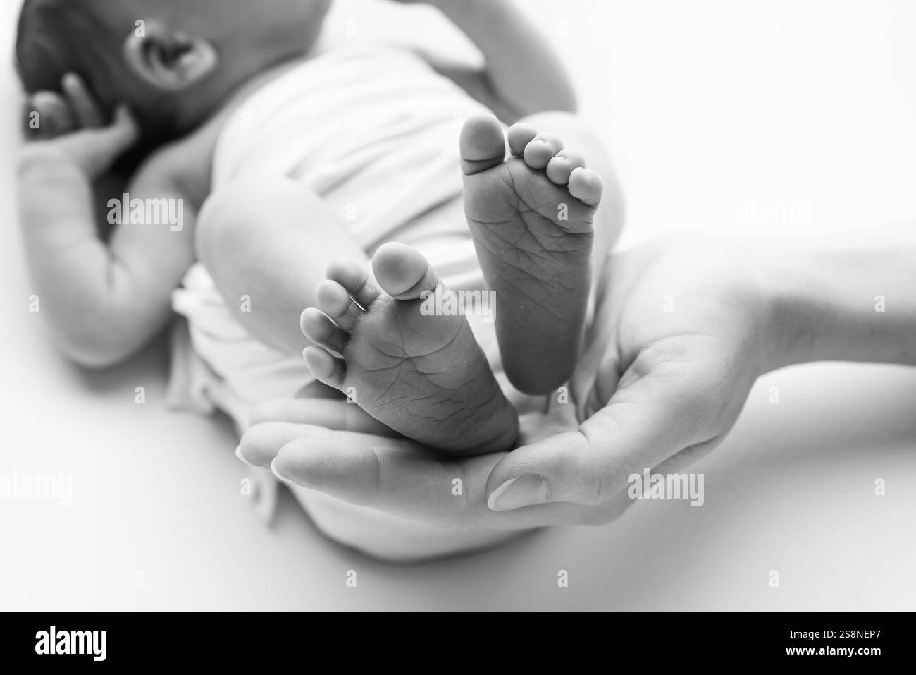 The palms of the father, the mother are holding the foot of the newborn ...