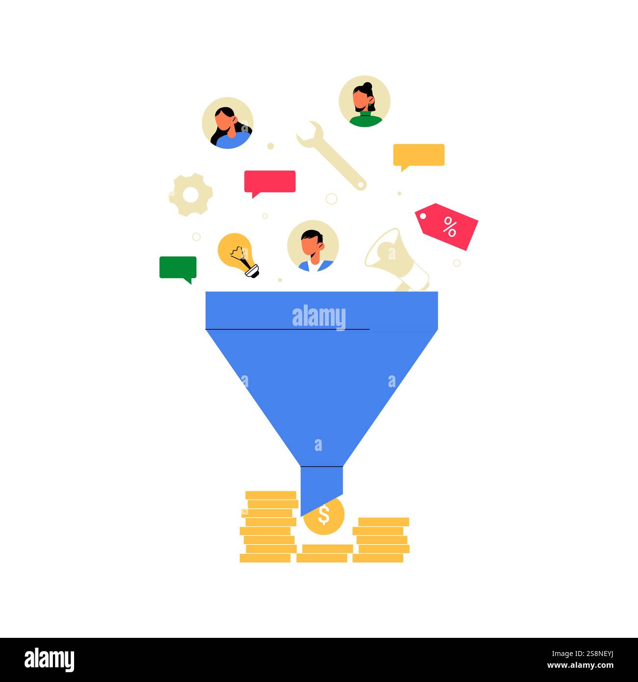 Marketing Funnel With Icons And Coins In Flat Vector Illustration ...