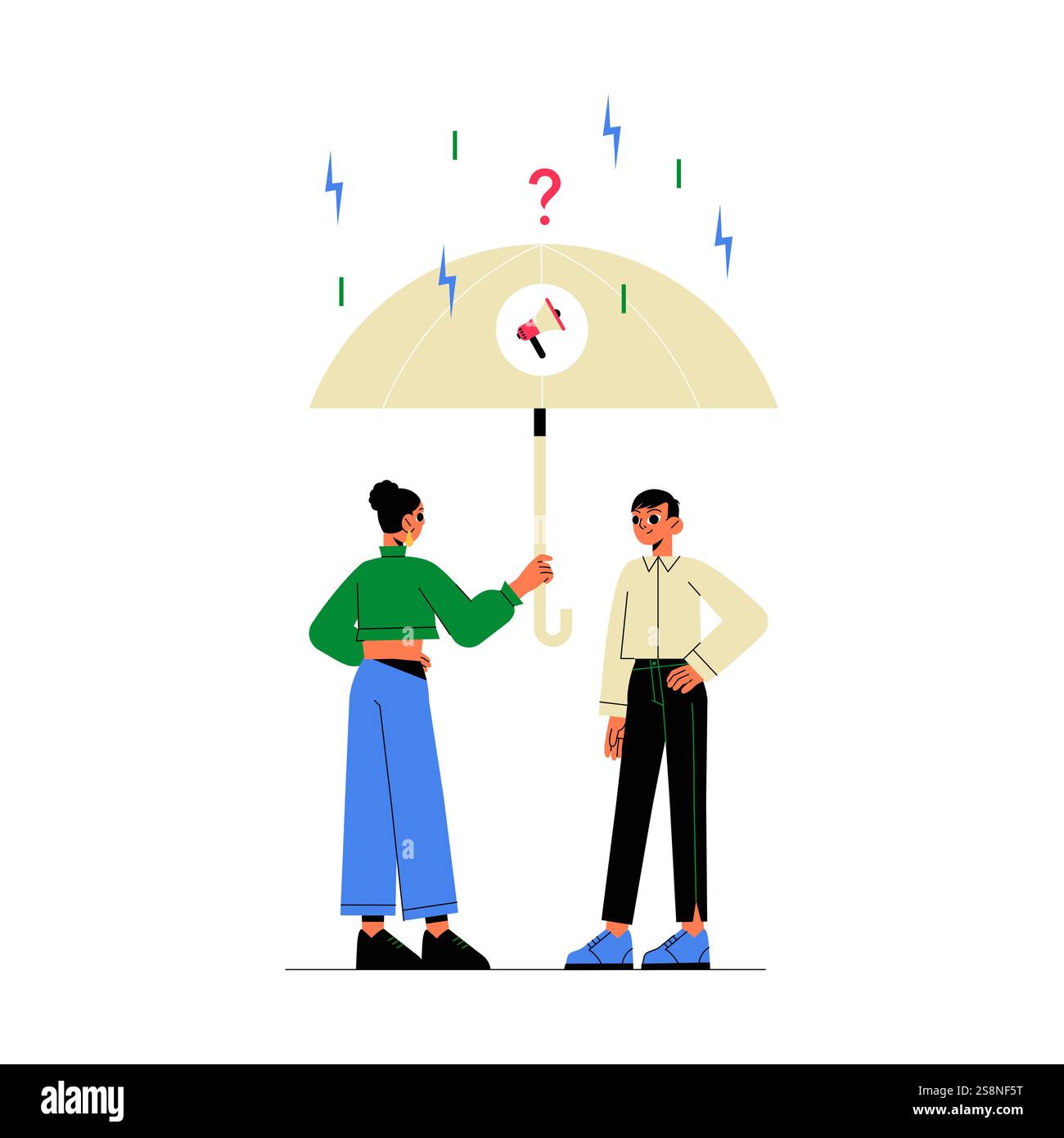Two Characters Under Umbrella With Lightning And Question Mark In Flat ...