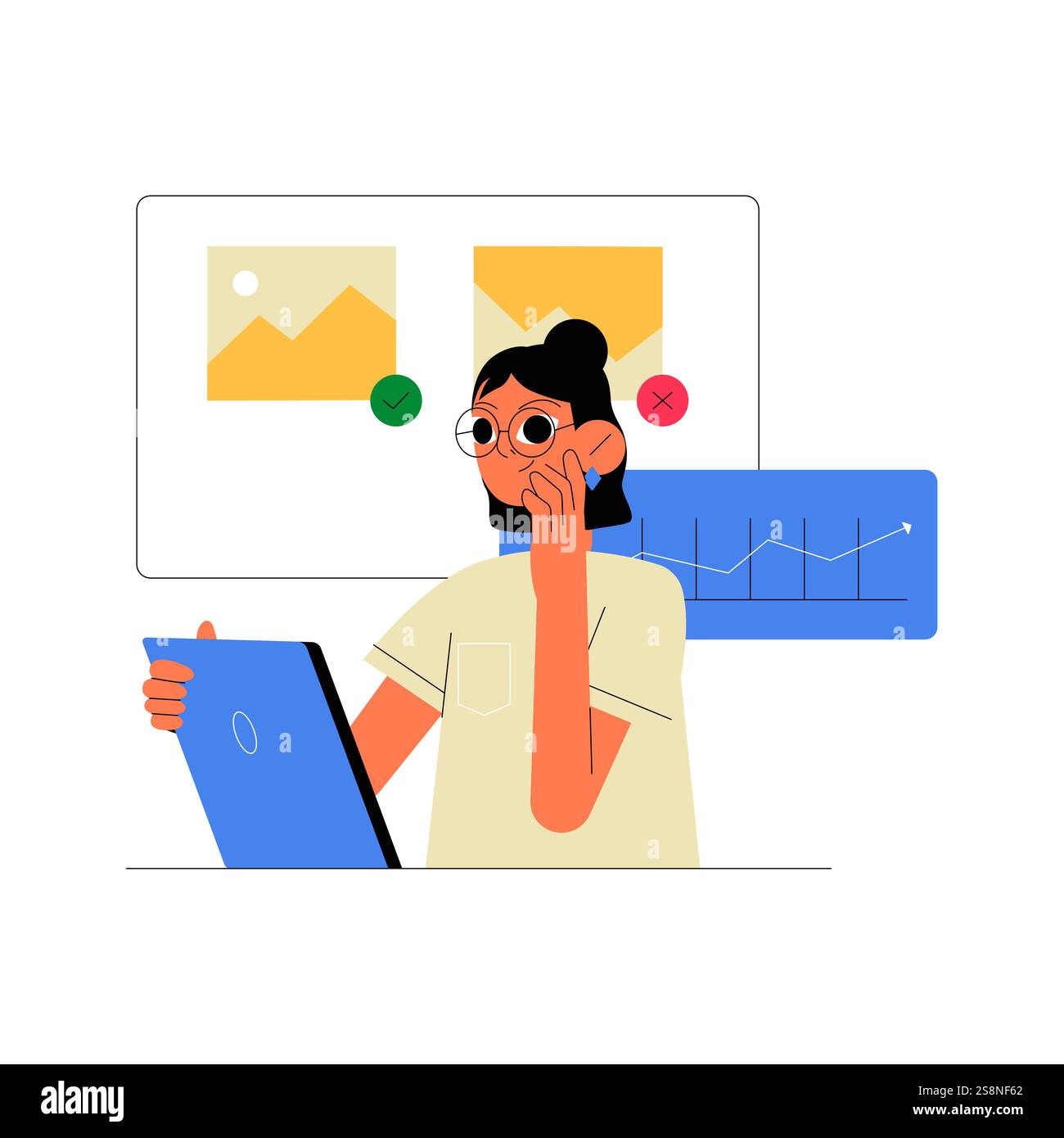 Female Character Analyzing Graphics On A Tablet In Flat Vector ...