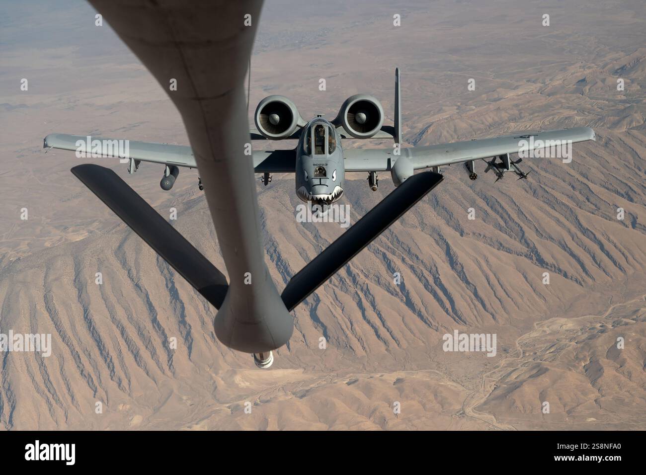 A U.S. Air Force A-10 Thunderbolt II prepares to be refueled from a KC-135 Stratotanker during a ...