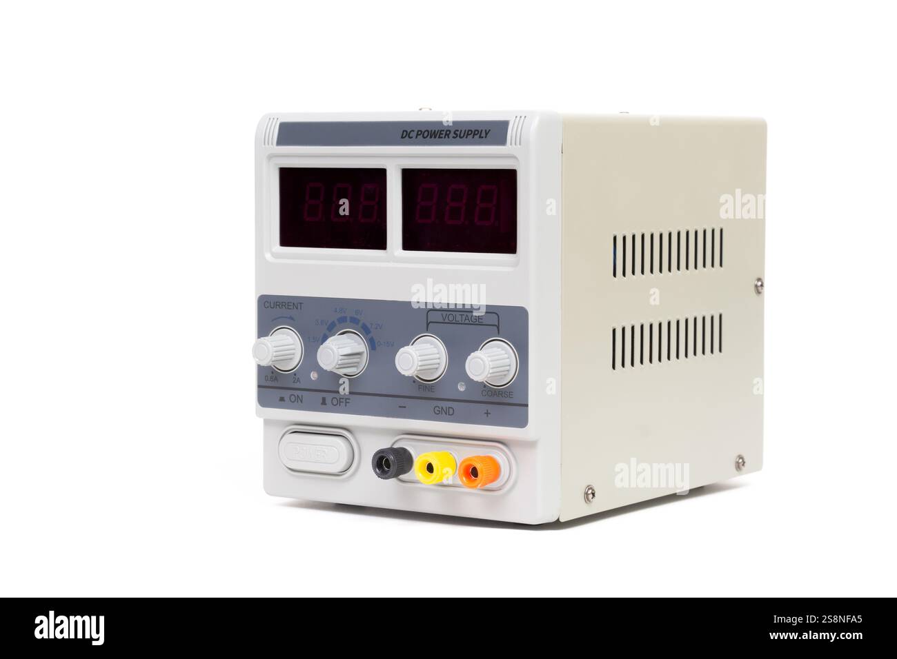 Close-up f a mobile DC power supply unit equipped with dual displays ...