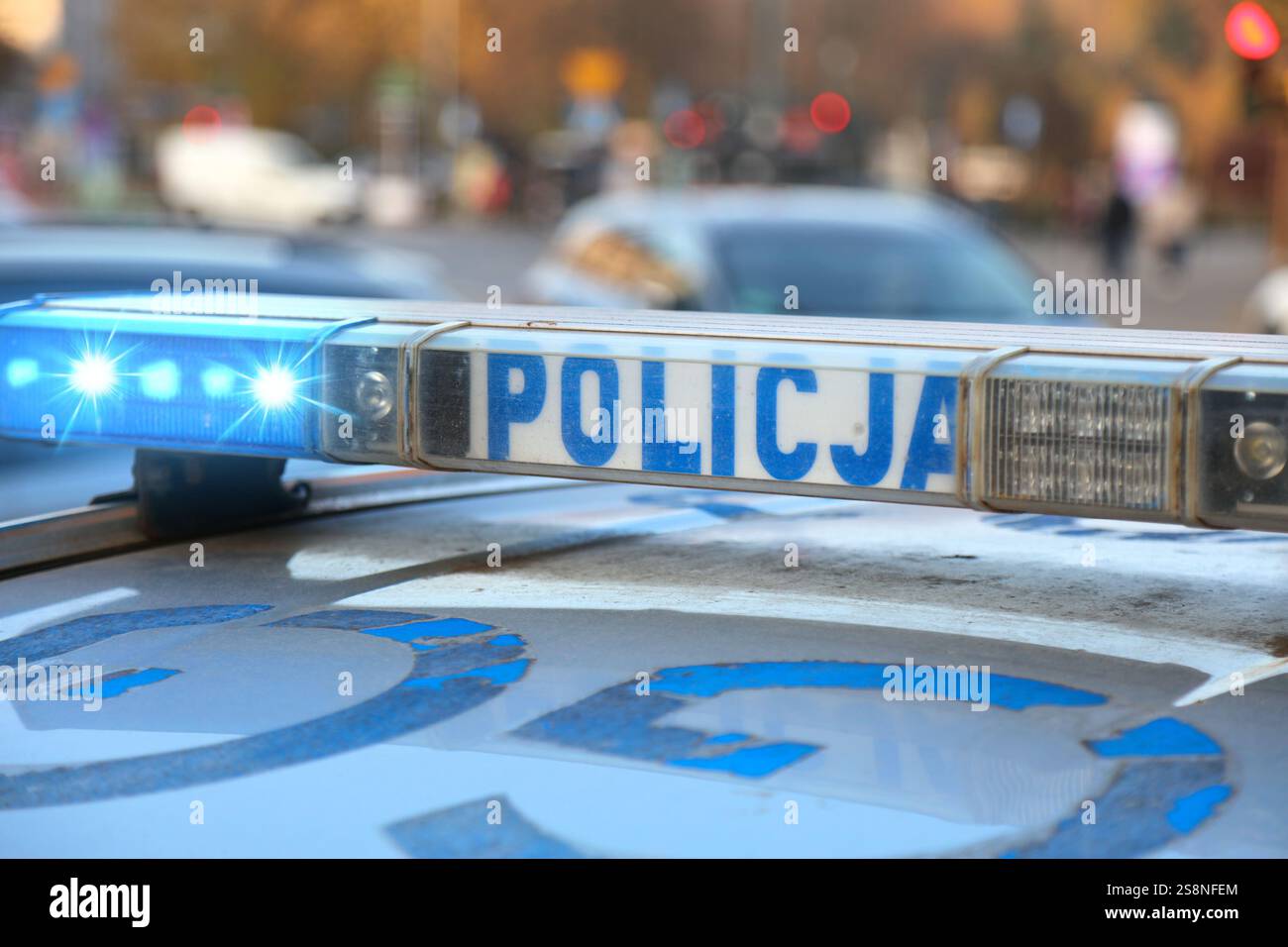 Polish police car in Poland. Police car roof lights blinking Stock ...