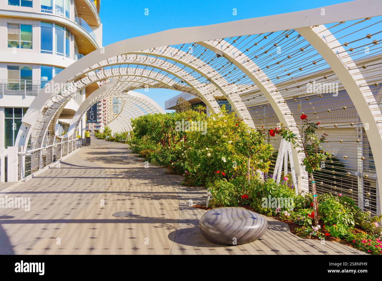 Long Beach, California - January 15, 2025: Picturesque walkway near Long Beach Convention Center ...