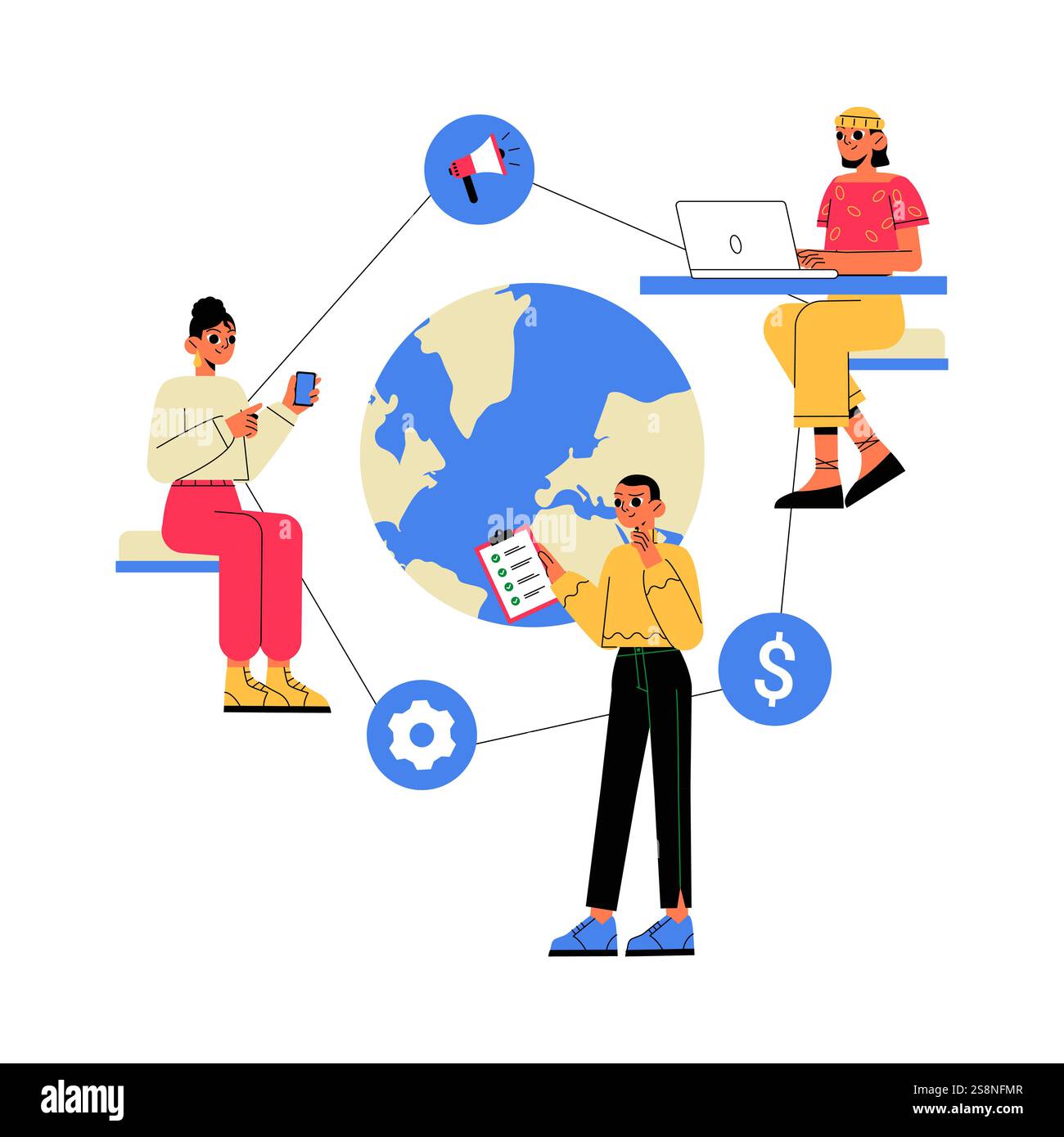 Network Marketing With Marketers Connecting Globally In Flat Vector ...